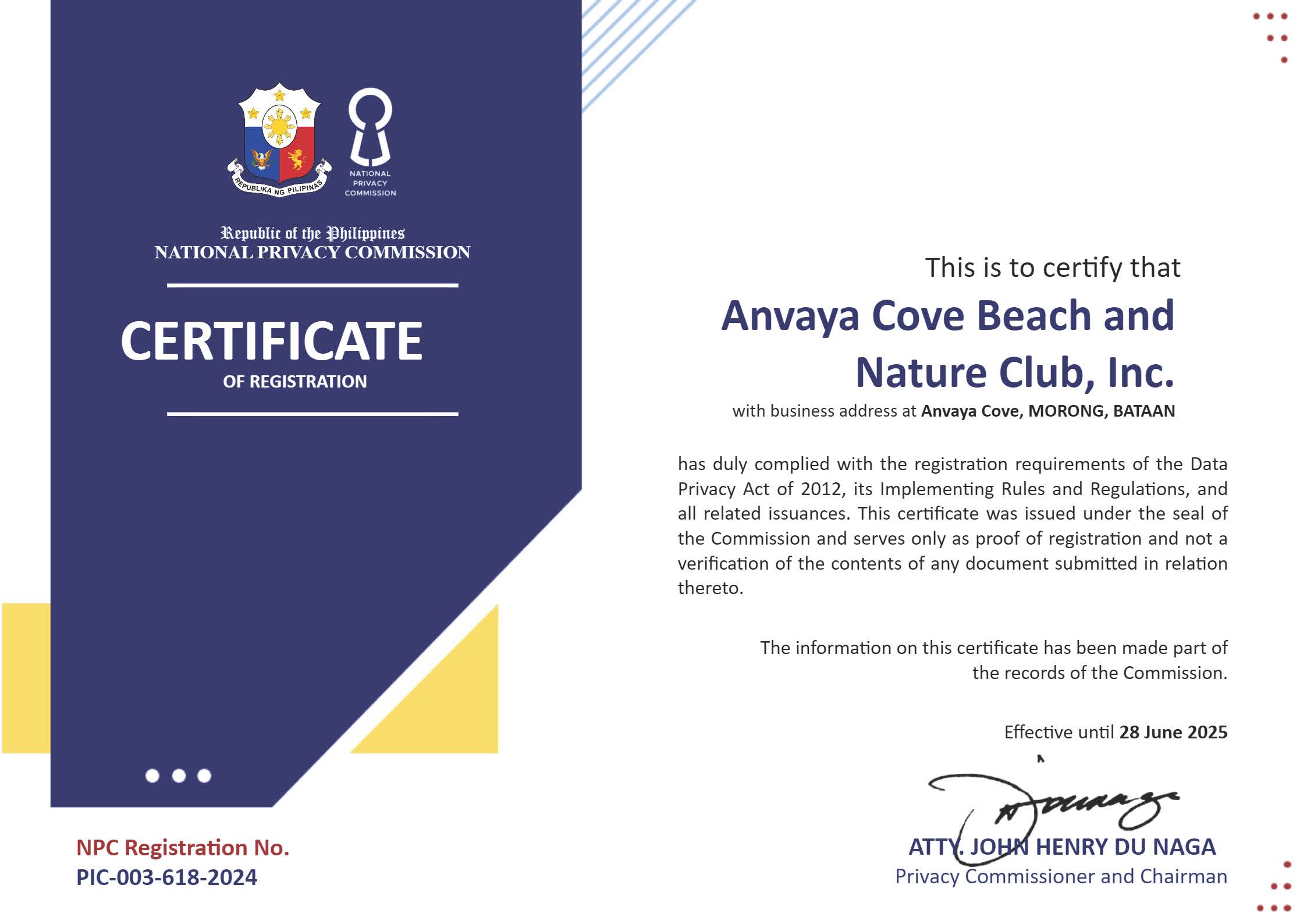 NPC Certificate of Registration – ACBNC 2025 – Anvaya Cove – Beach and ...