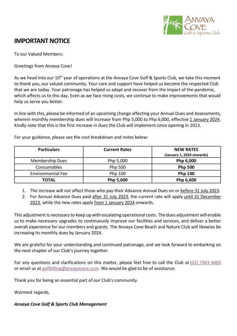 ACGSC NOTICE | Increase of Monthly Dues 2024 – Anvaya Cove – Golf and ...