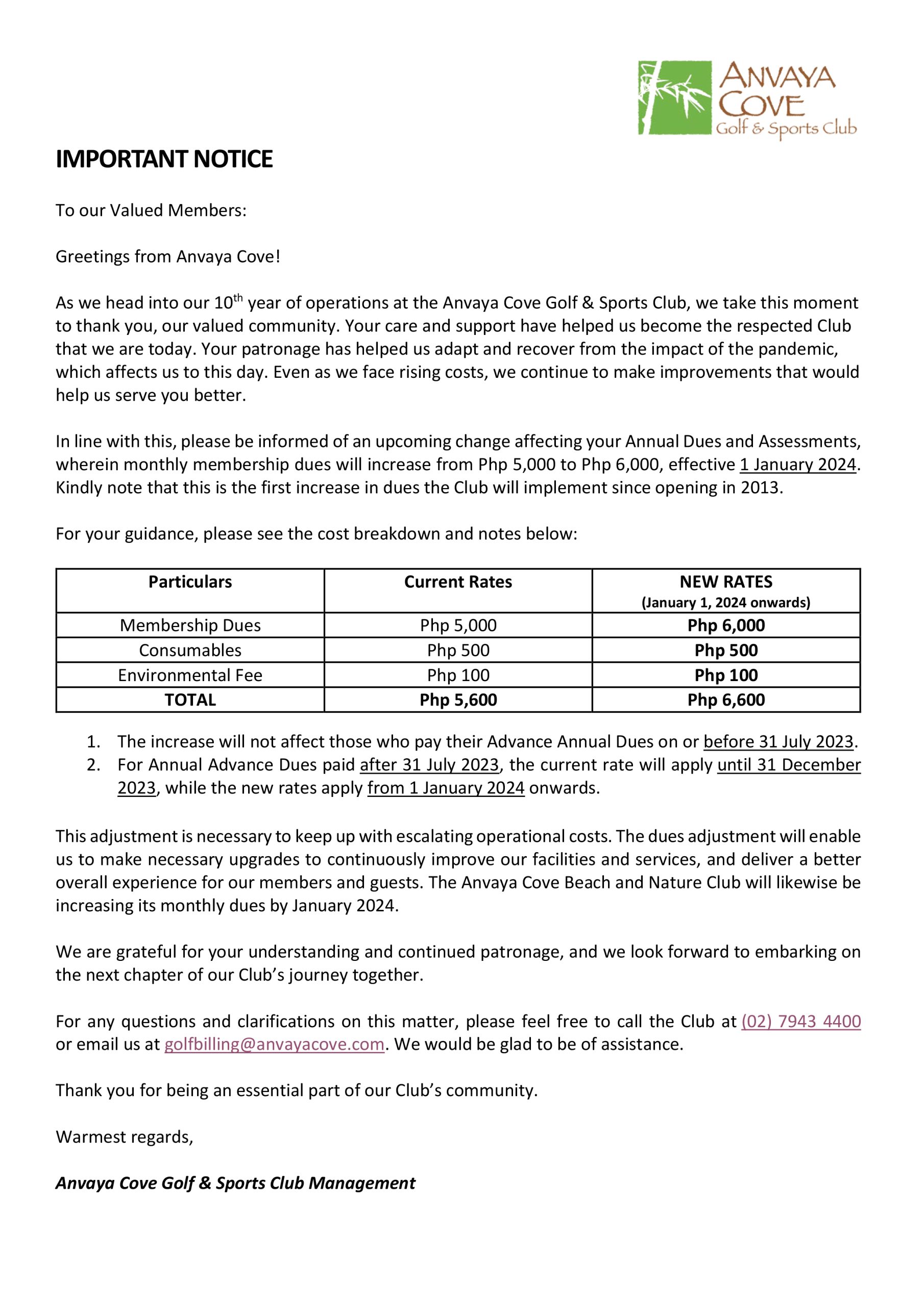 ACGSC NOTICE | Increase of Monthly Dues 2024 – Anvaya Cove – Golf and ...
